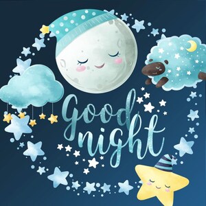 Watercolor Good Night Clip Art, Sweet Dreams Clipart, Moon, Stars ...