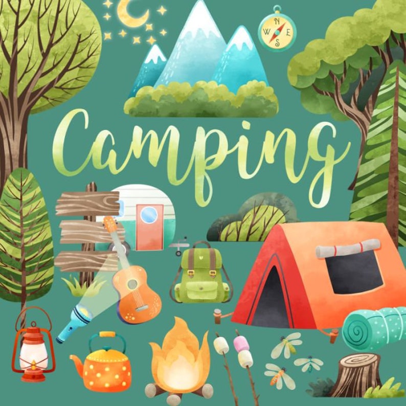 Watercolor Camping Clip Art, Travel Clipart, Outdoors Activities ...