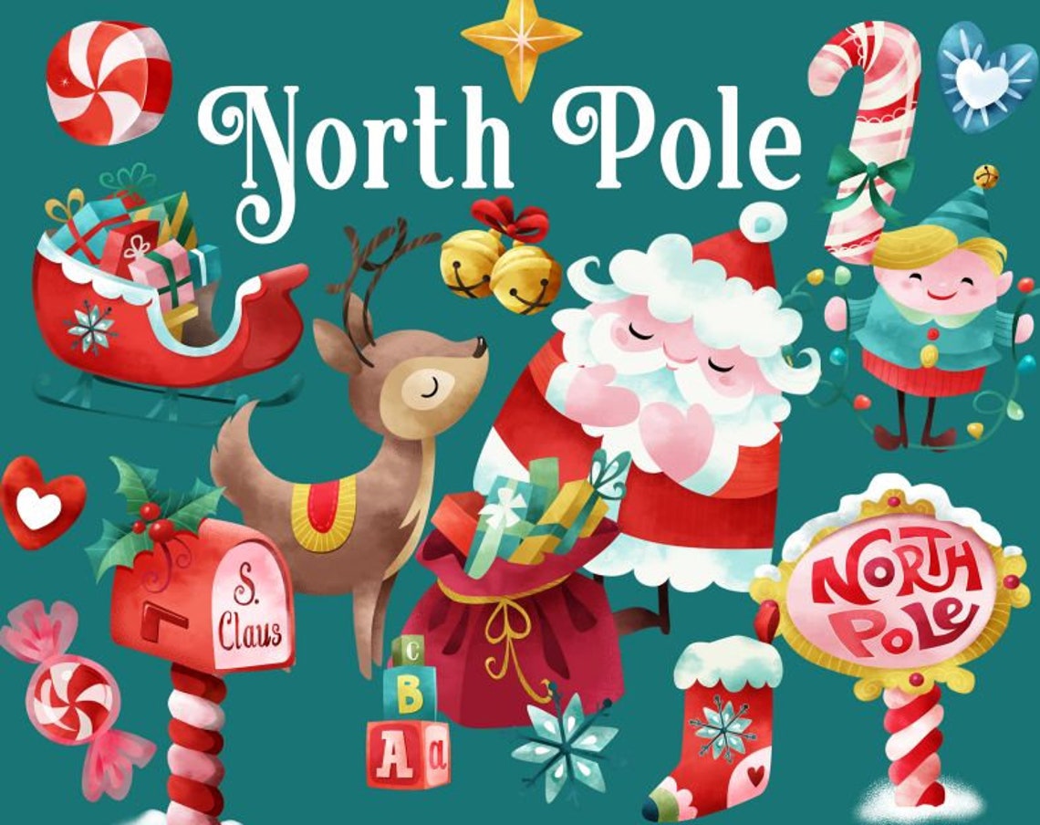 North Pole Christmas Clipart Illustration Watercolor Santa Reindeer ...