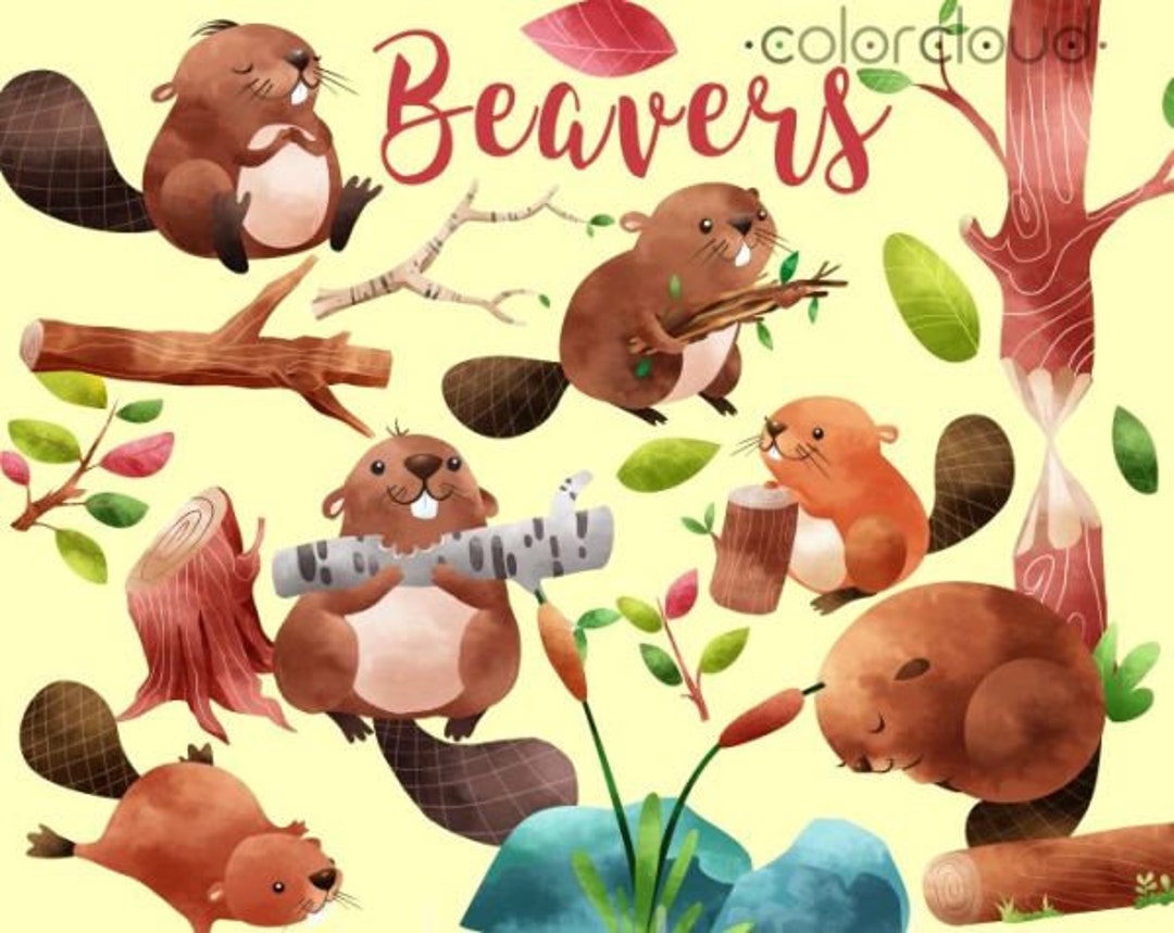 Watercolor Beaver Clipart: River Animals, Dam, Trees (PNG, Instant ...