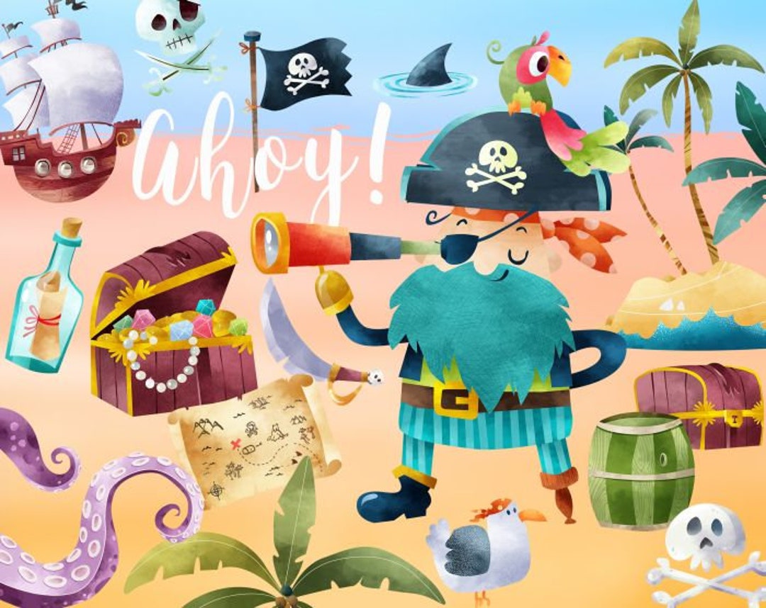 Watercolor Pirate Clipart: Treasure Island Graphics (PNG, Instant ...