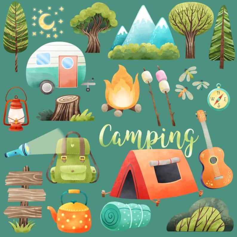 Watercolor Camping Clip Art Travel Clipart Outdoors - Etsy