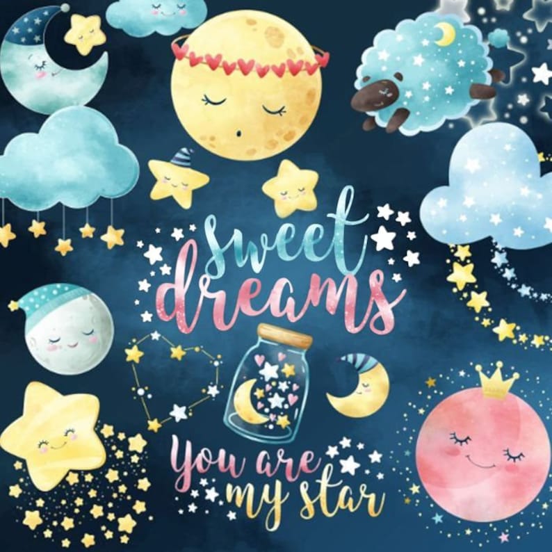 Watercolor Good Night Clip Art Sweet Dreams Clipart Moon - Etsy