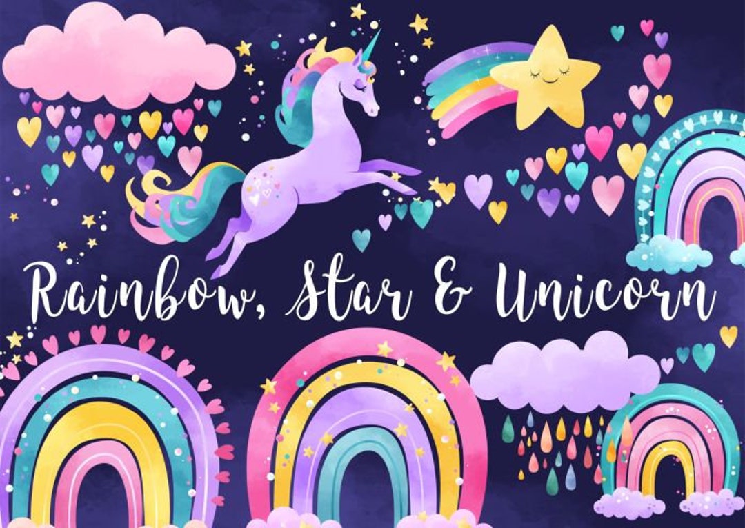 Rainbow Unicorn Colorful Clipart Illustration, Star, Hearts Commercial ...