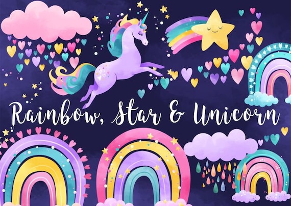 Rainbow Unicorn Colorful Clipart Illustration Star Hearts - Etsy