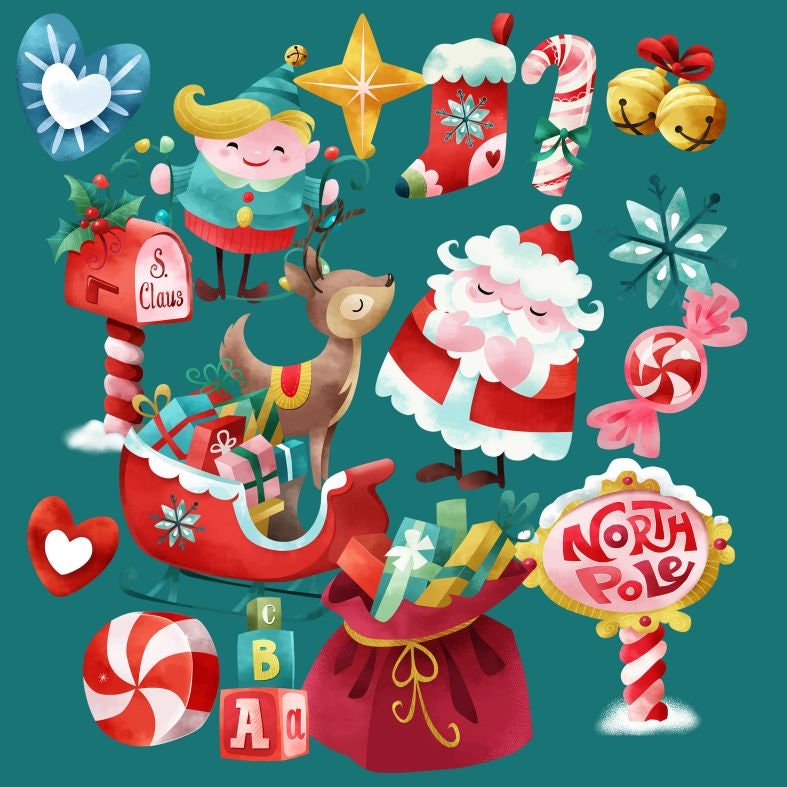 North Pole Christmas Clipart Illustration Watercolor Santa Reindeer ...