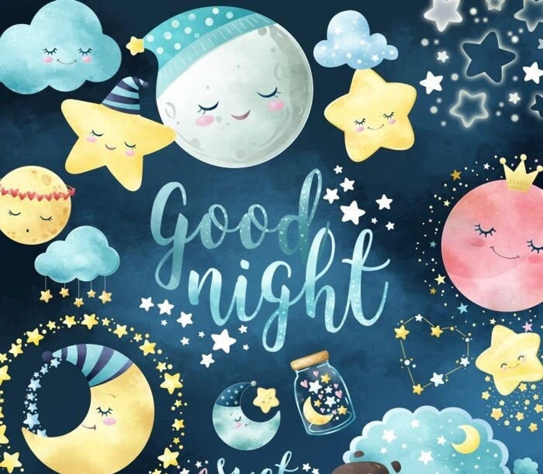 Watercolor Good Night Clip Art, Sweet Dreams Clipart, Moon, Stars ...