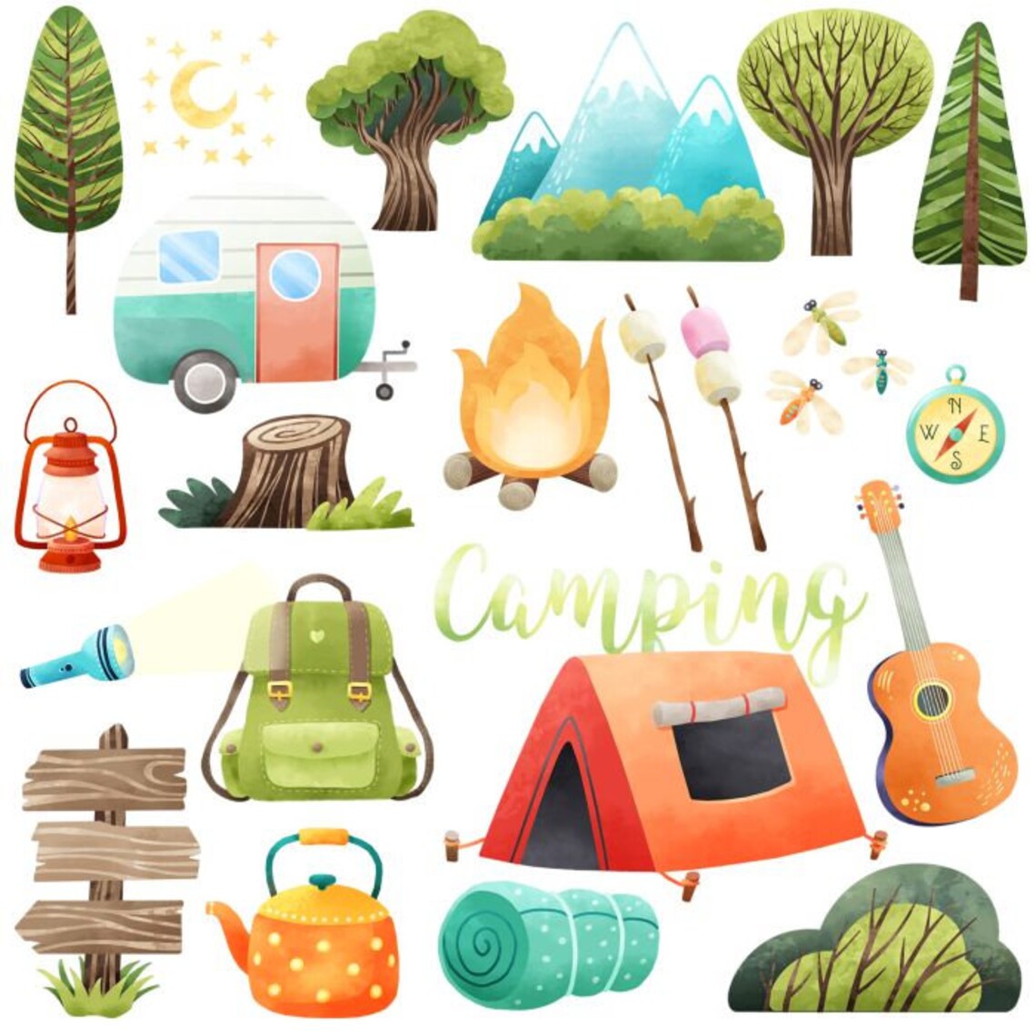 Watercolor Camping Clip Art Travel Clipart Outdoors - Etsy