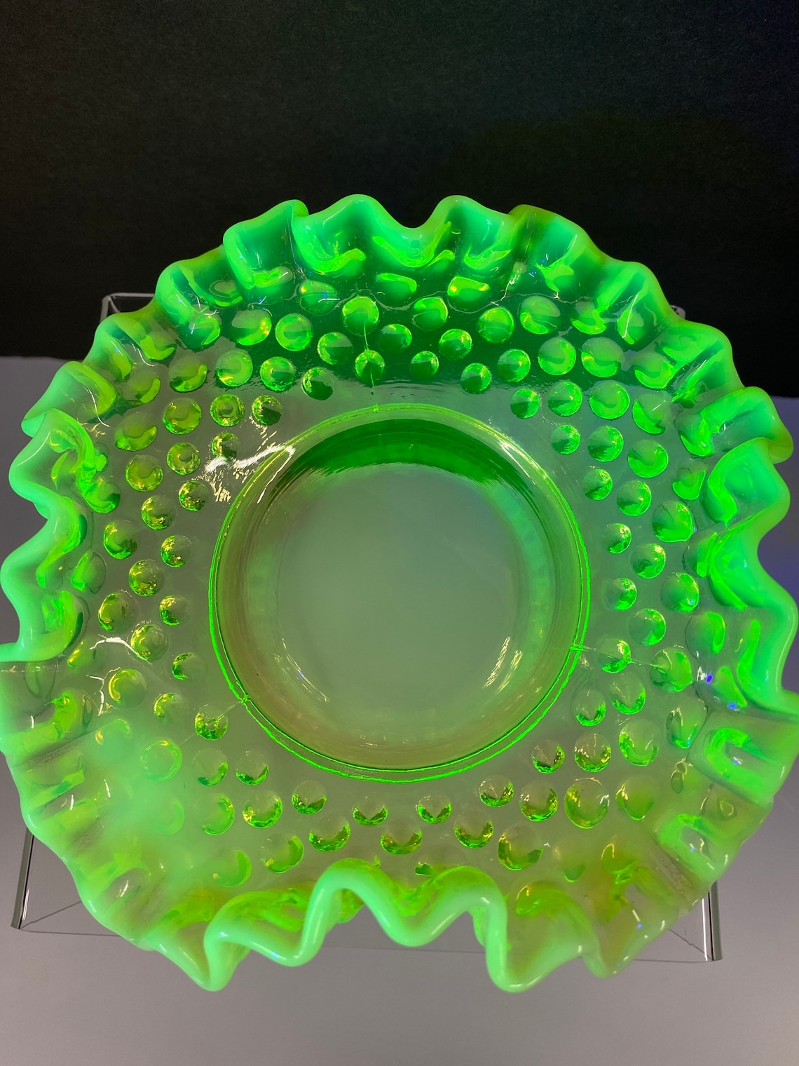 Fenton Vaseline/Uranium Hobnail Pattern Ruffle Edge Dish 586 | Etsy