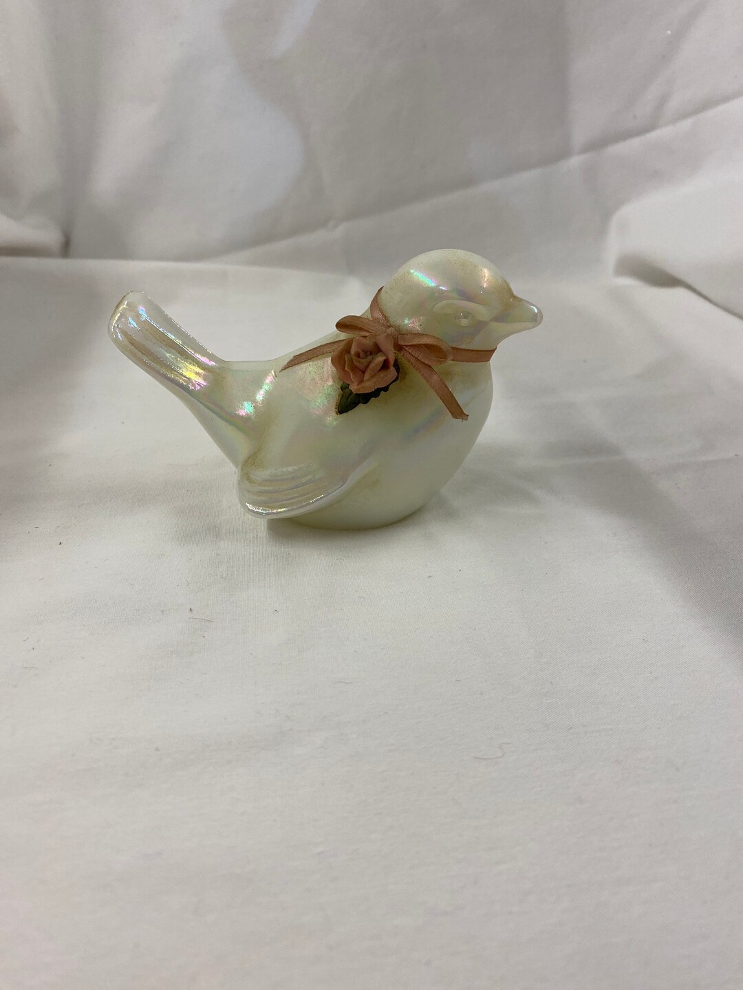 Fenton Seated Bird Pearl Opalescent With Pink Ribbon and Rose - Etsy