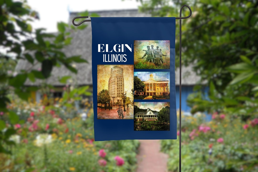 Elgin Illinois Flag Features Landmarks - Old Main, Lords Park, Pioneer Statue, Tower Building ...