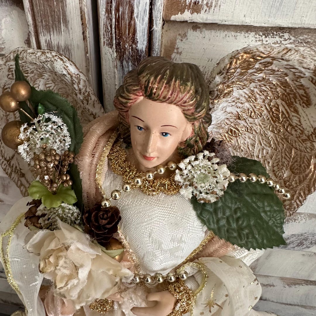 Vintage 12" Angel Tree Topper/holiday Tree Decor/fabric Gown/resin Head ...