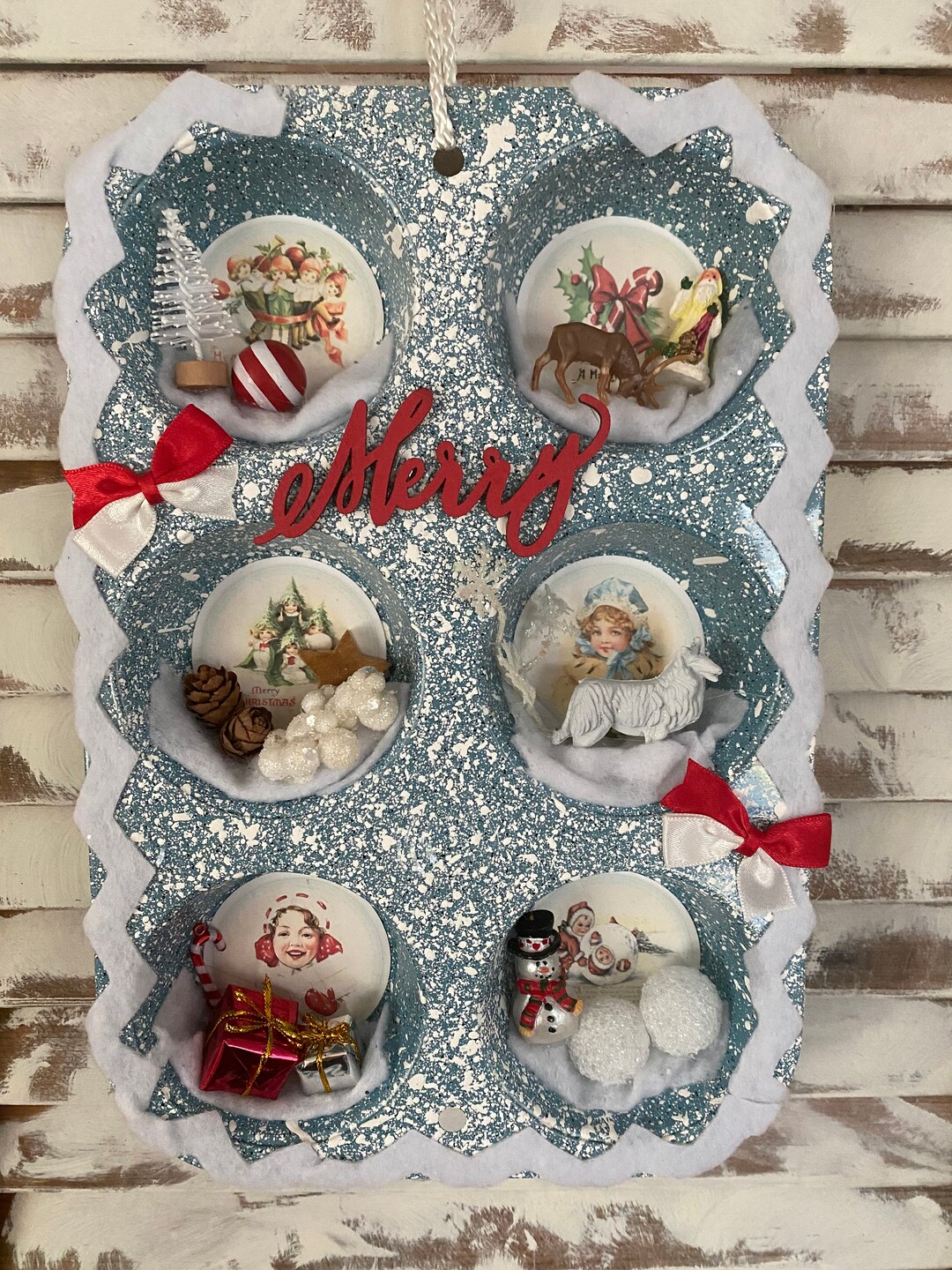 Primitive Merry Christmas Vignette Assemblage Upcycled Muffin Tin "snow ...