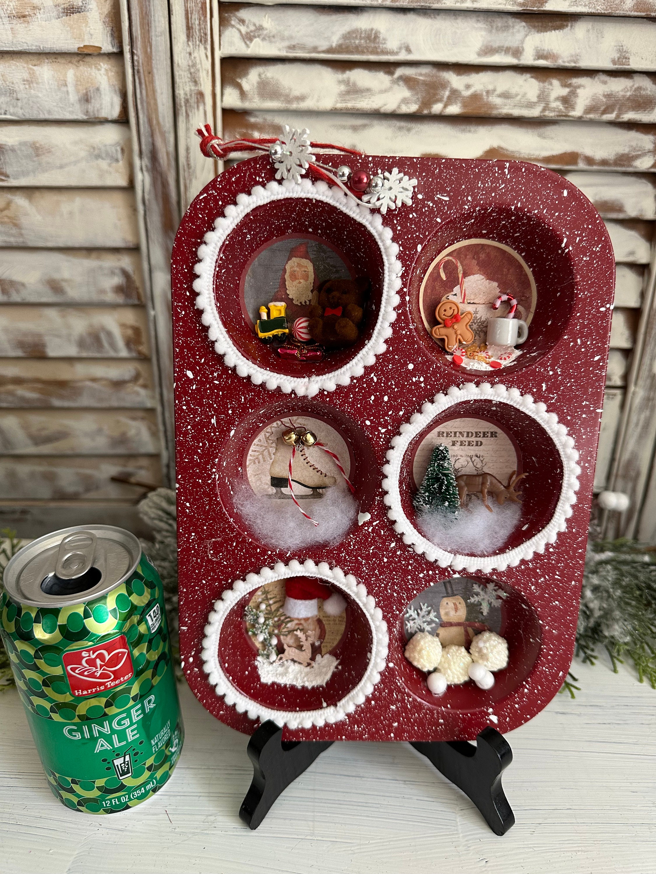 Primitive Merry Christmas Vignette Assemblage Upcycled Muffin Tin Snow ...