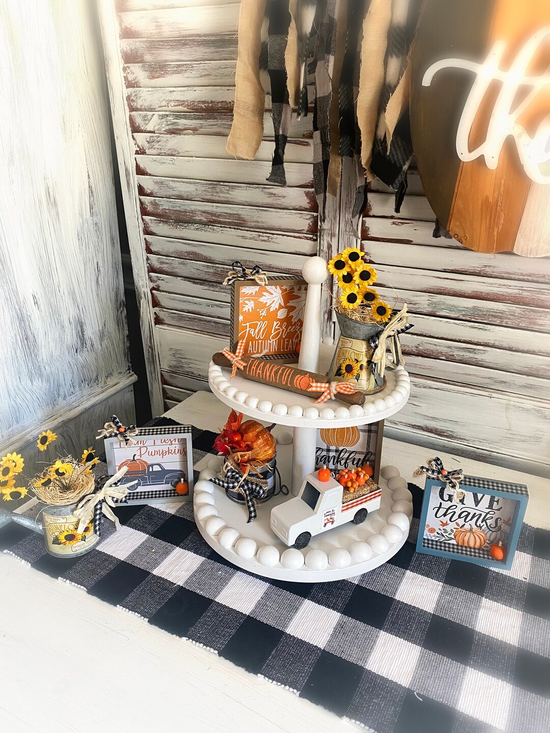 Thanksgiving Fall Harvest Tiered Tray Bundle Decor, Black & White Plaid ...