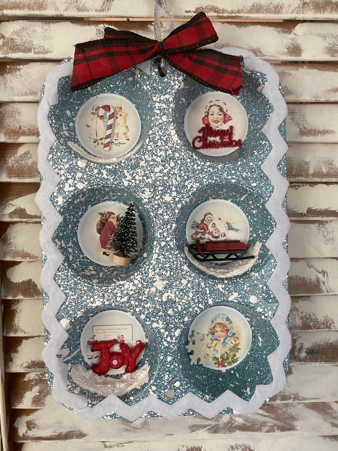 Primitive Merry Christmas Vignette Assemblage Upcycled Muffin Tin "snow ...
