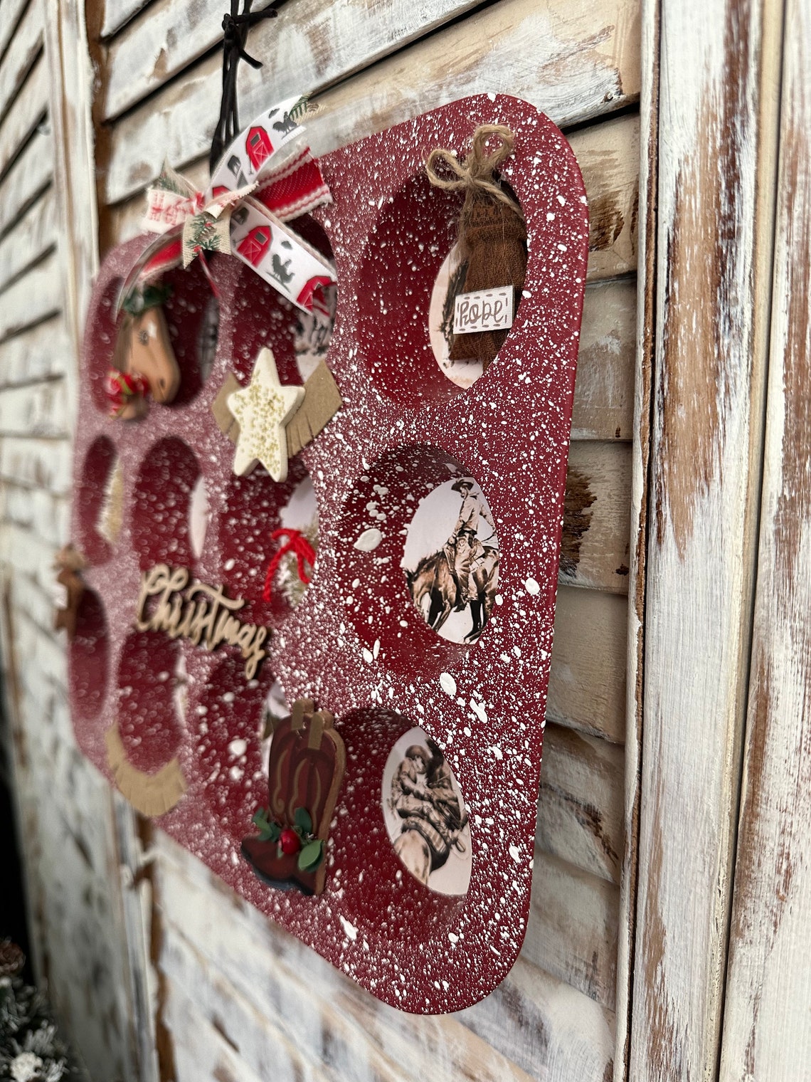 Primitive Western Cowboy Vignette Red White Merry Christmas Assemblage ...