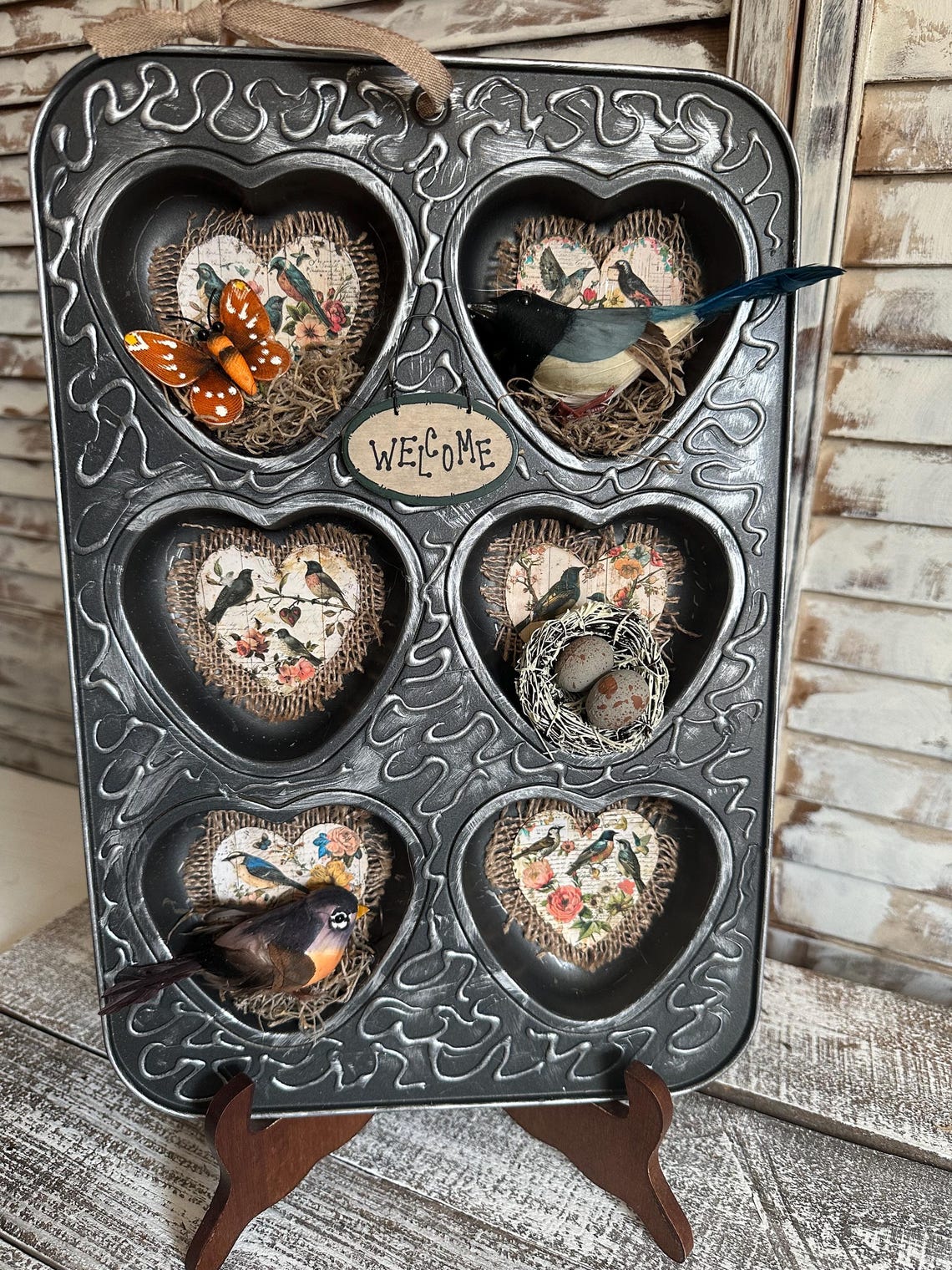 Primitive Shabby Chic Bird Muffin Tin Assemblage/spring Decor/aged ...
