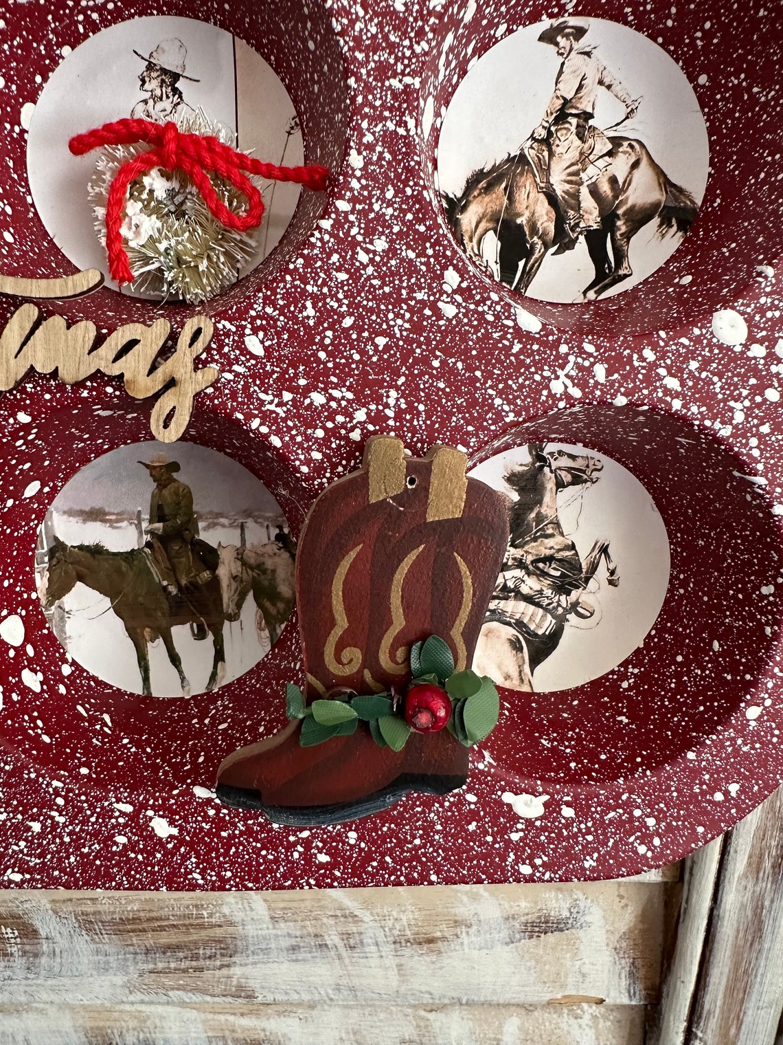 Primitive Western Cowboy Vignette Red White Merry Christmas Assemblage ...