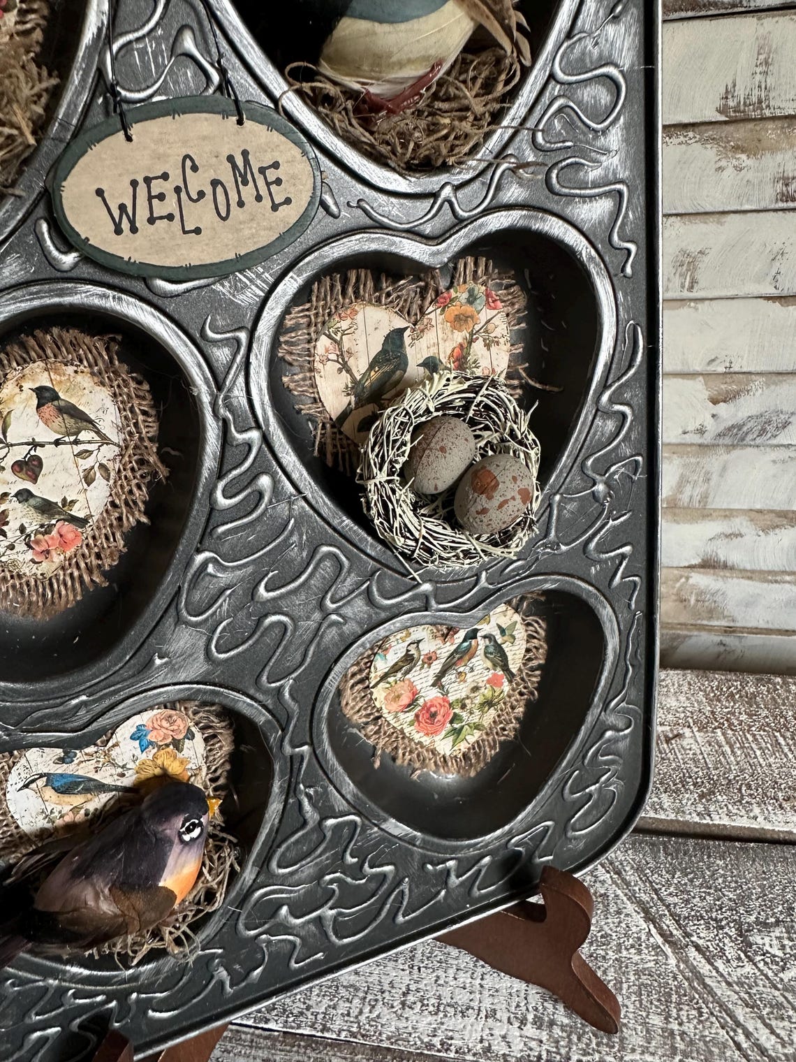 Primitive Shabby Chic Bird Muffin Tin Assemblage/spring Decor/aged ...