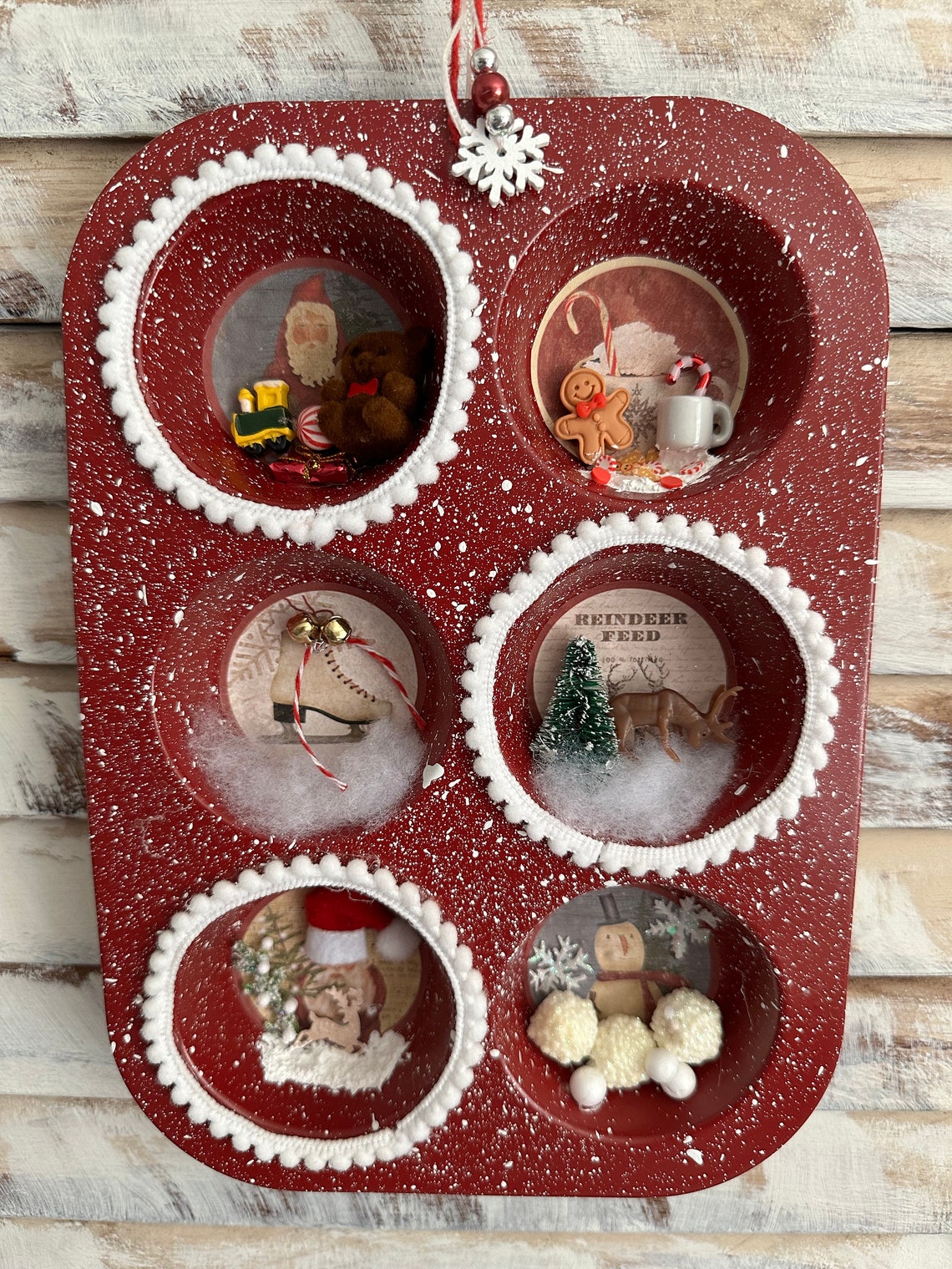 Primitive Merry Christmas Vignette Assemblage Upcycled Muffin Tin Snow ...