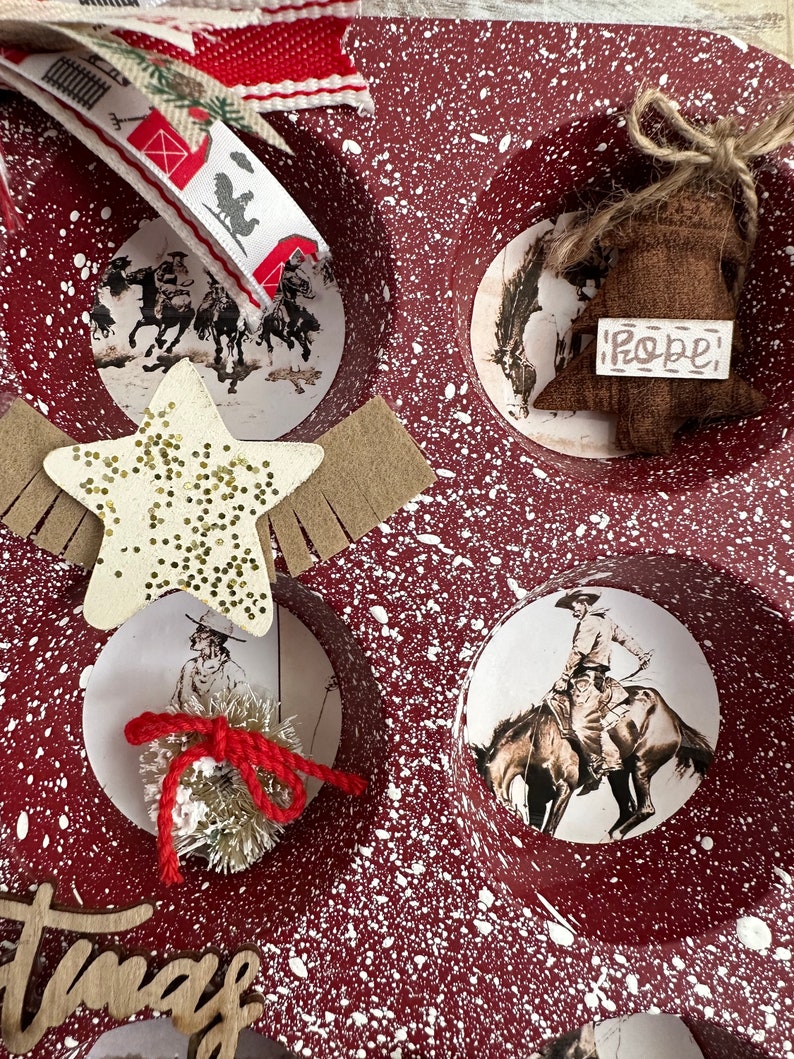 Primitive Western Cowboy Vignette Red White Merry Christmas Assemblage ...