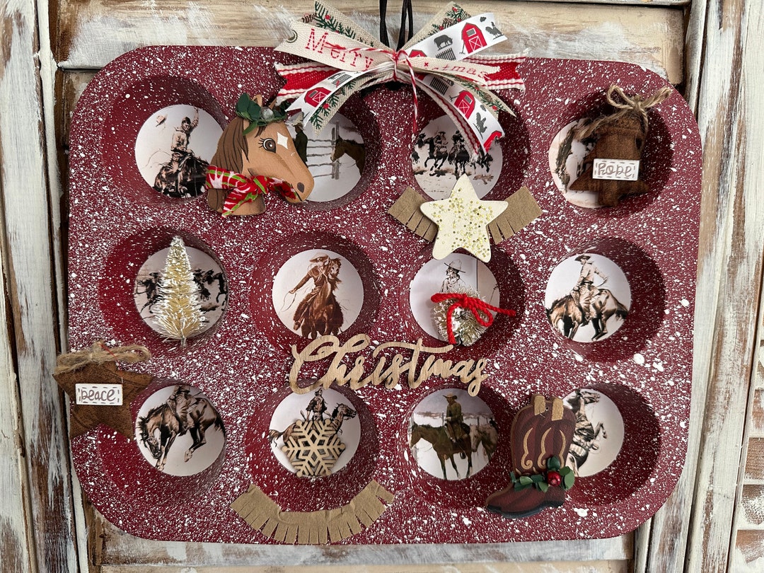 Primitive Western Cowboy Vignette Red White Merry Christmas Assemblage ...