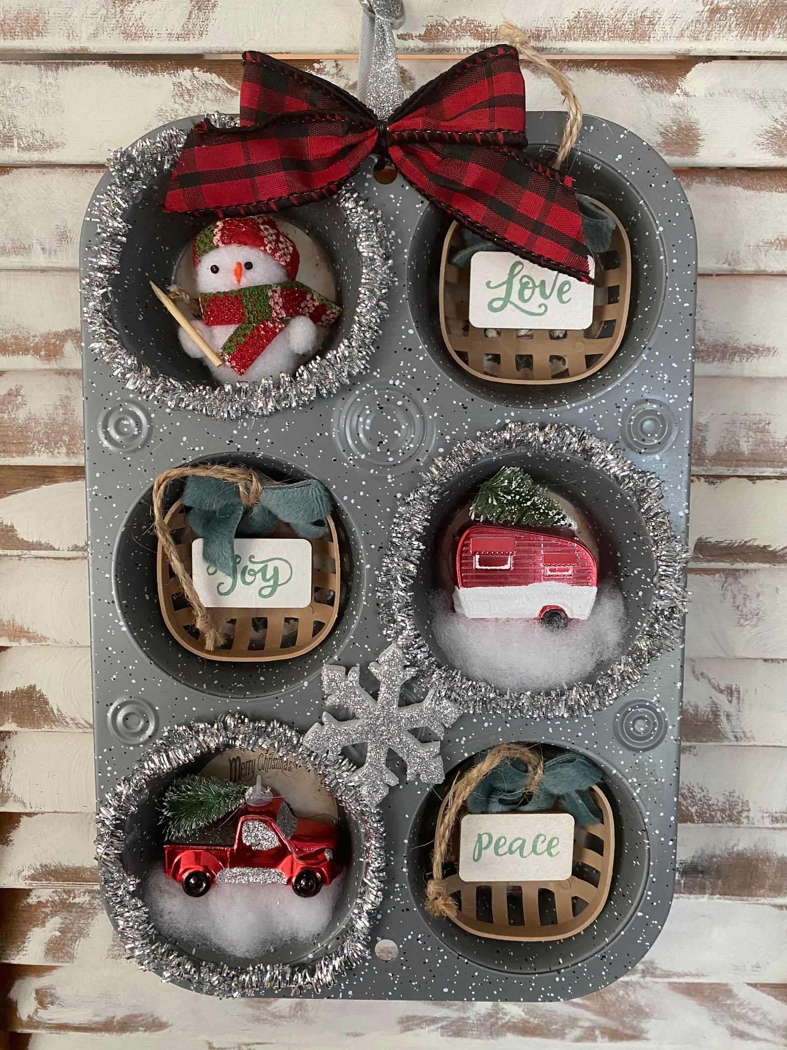 Primitive Merry Christmas Vignette Assemblage Upcycled Muffin Tin Snow ...