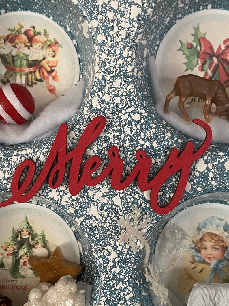 Primitive Merry Christmas Vignette Assemblage Upcycled Muffin Tin "snow ...