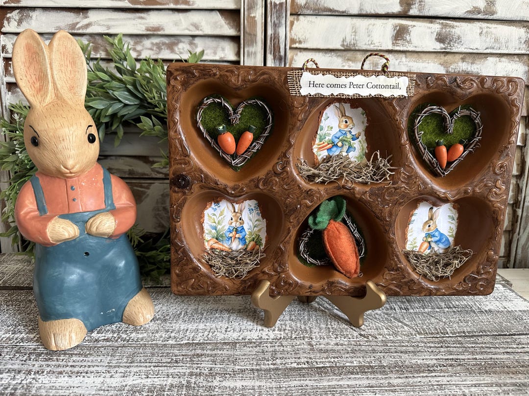 Rustic Grunge Primitive Peter Rabbit Easter Decor/muffin Tin Assemblage ...