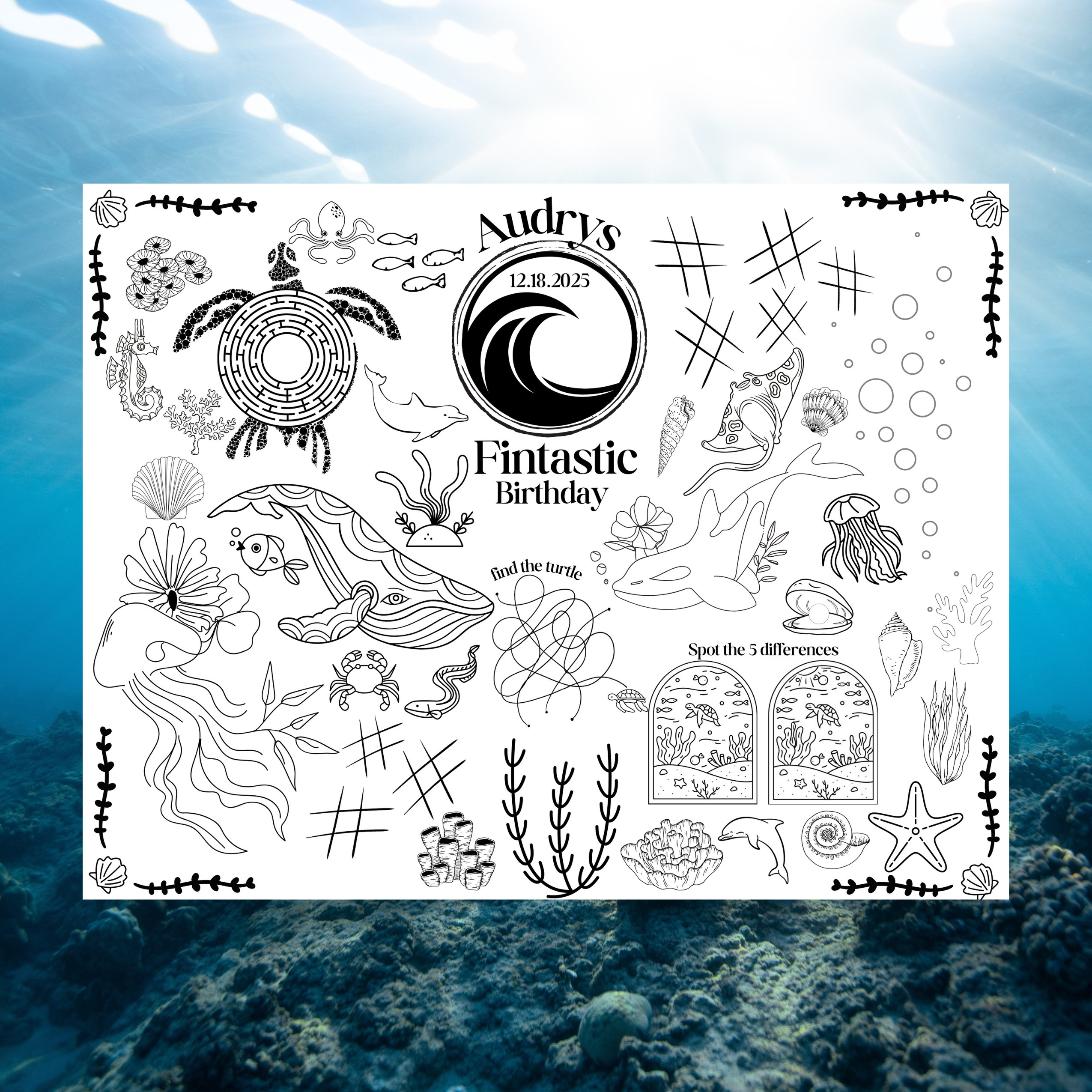 Printable Under the Sea Party Activity Placemat Kids Coloring Fin ...