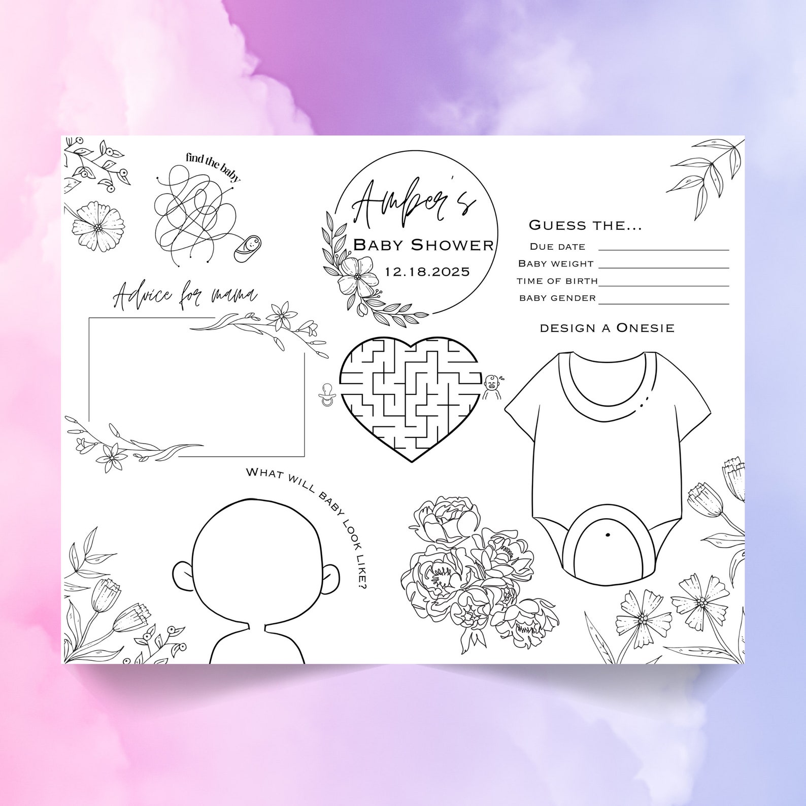 Printable Baby Shower Activity Placemat Kids and Adult Coloring Page ...