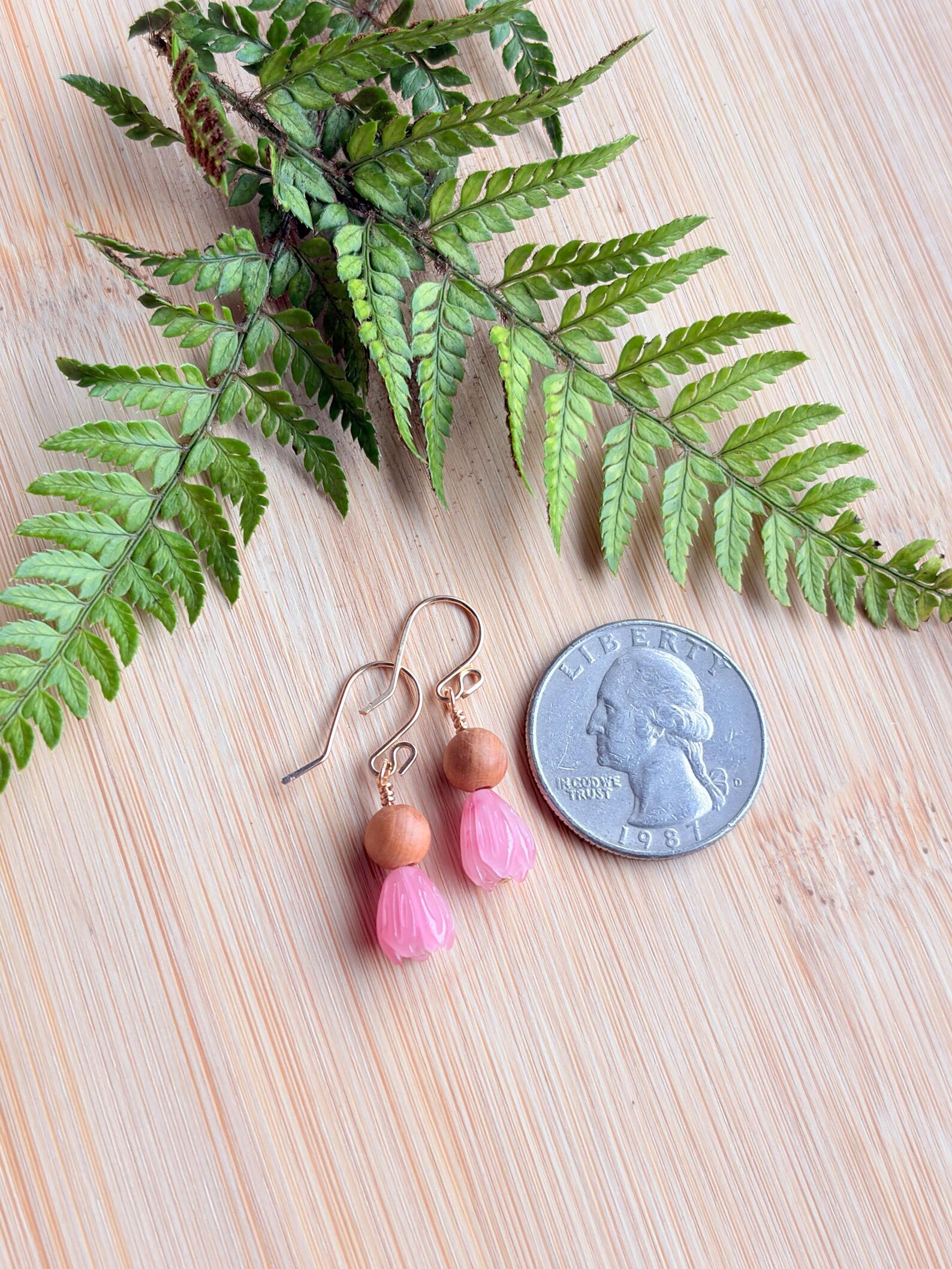 Gold Earrings Rosy Pink Pikake Blossoms With Sandalwood Bead Earrings ...
