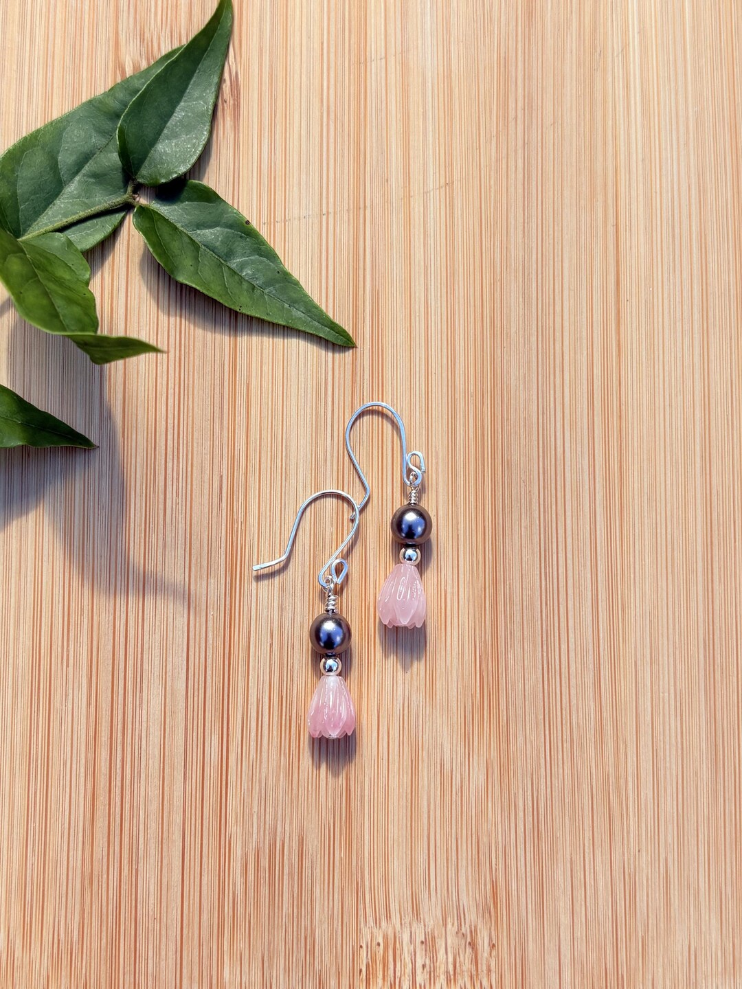 Silver Light Pink Pikake Grey Bead Earring - Etsy