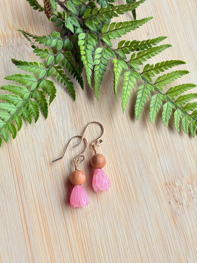 Gold Earrings Rosy Pink Pikake Blossoms With Sandalwood Bead Earrings ...
