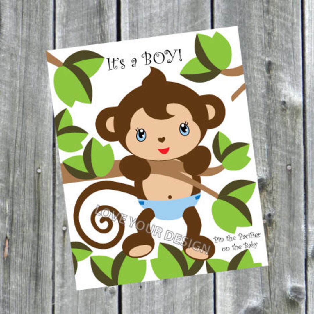 GAME Blue Pin the Pacifer on the Monkey Baby Shower Game INSTANT ...