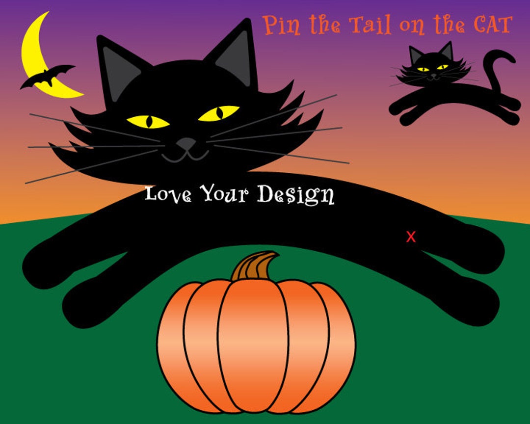Pin the Tail on the Black Cat Game, Halloween Birthday Party (instant ...