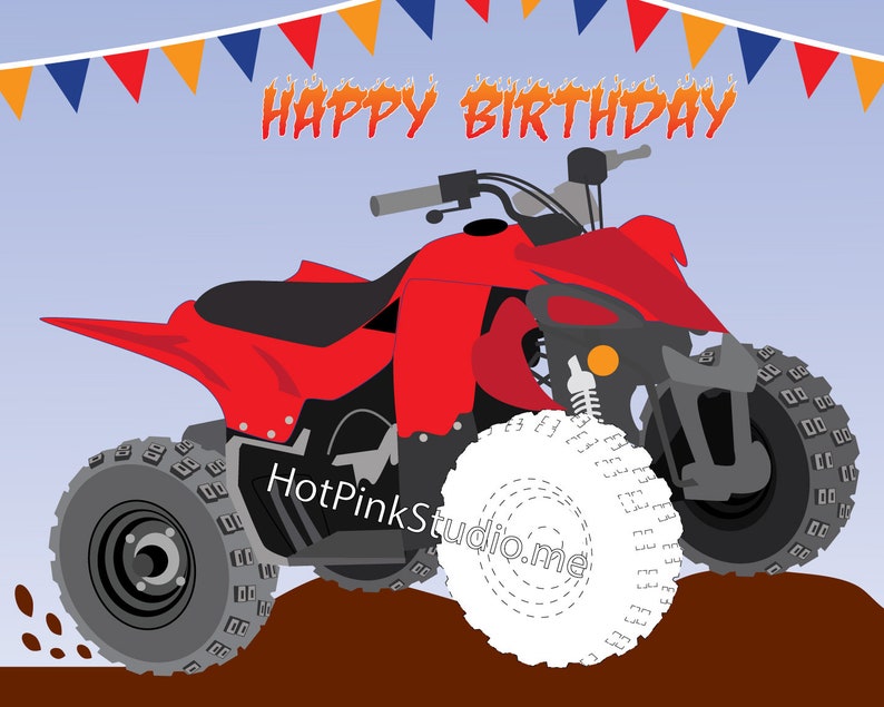 Red ATV Birthday Party Game: Pin the Tire, Coloring Page (digital ...