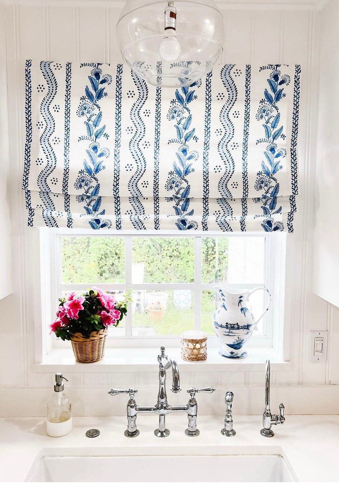 Blue Floral Striped Custom Roman Shade: Linen Cotton Canvas, Fabric ...