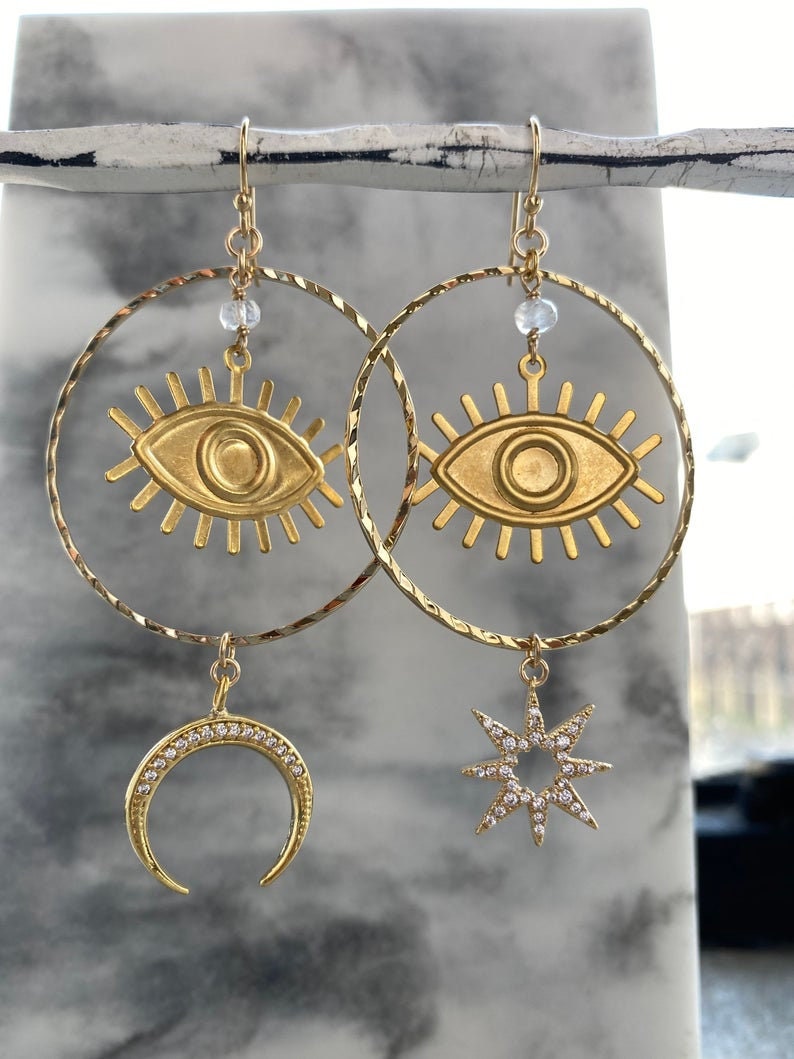Large Evil Eye Earrings Gold Evil Eye Hoop earrings | Etsy