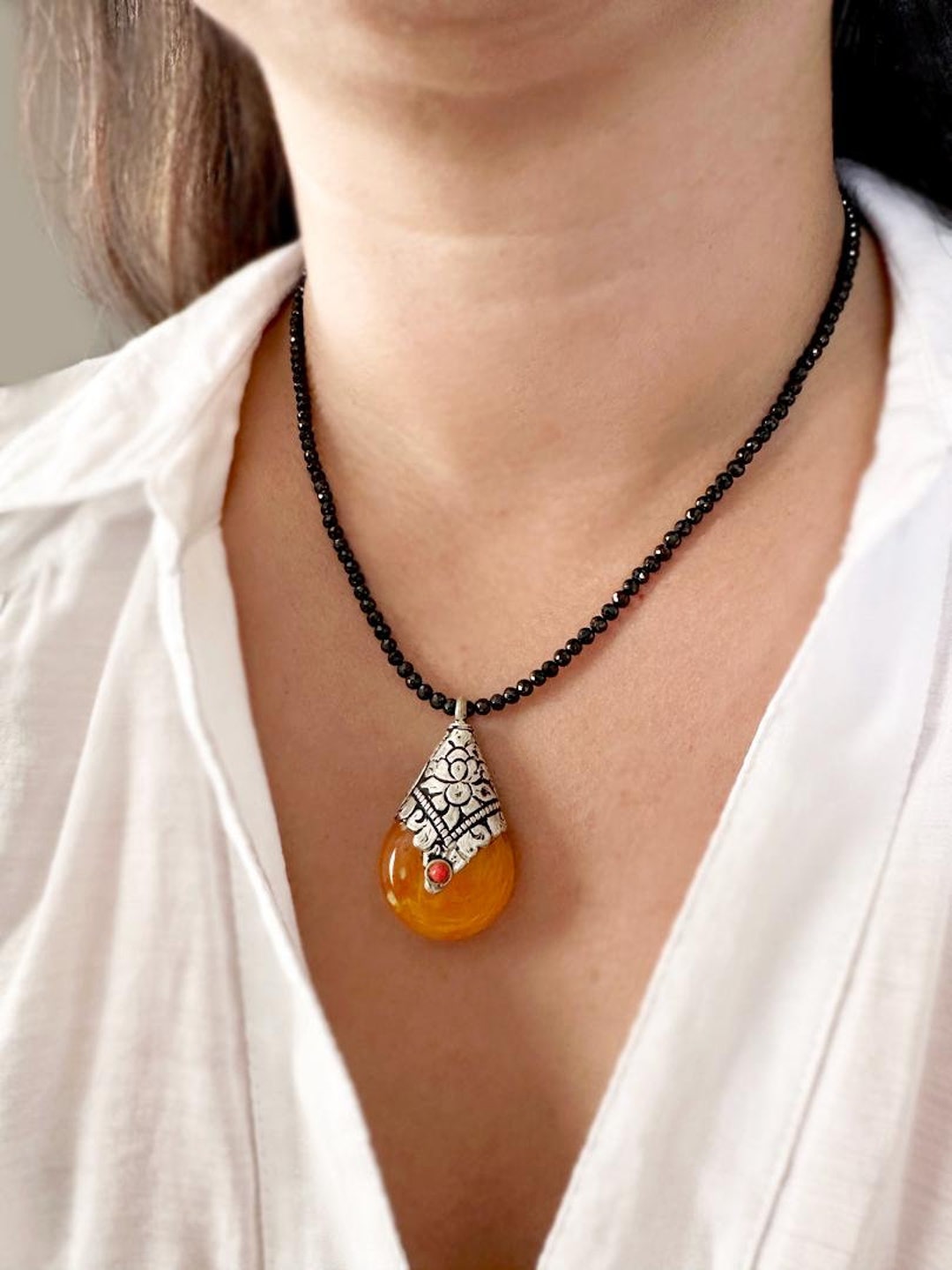 Large Nepalese Resin Pendant Necklace, Turquoise Shell Inlay Pendant ...