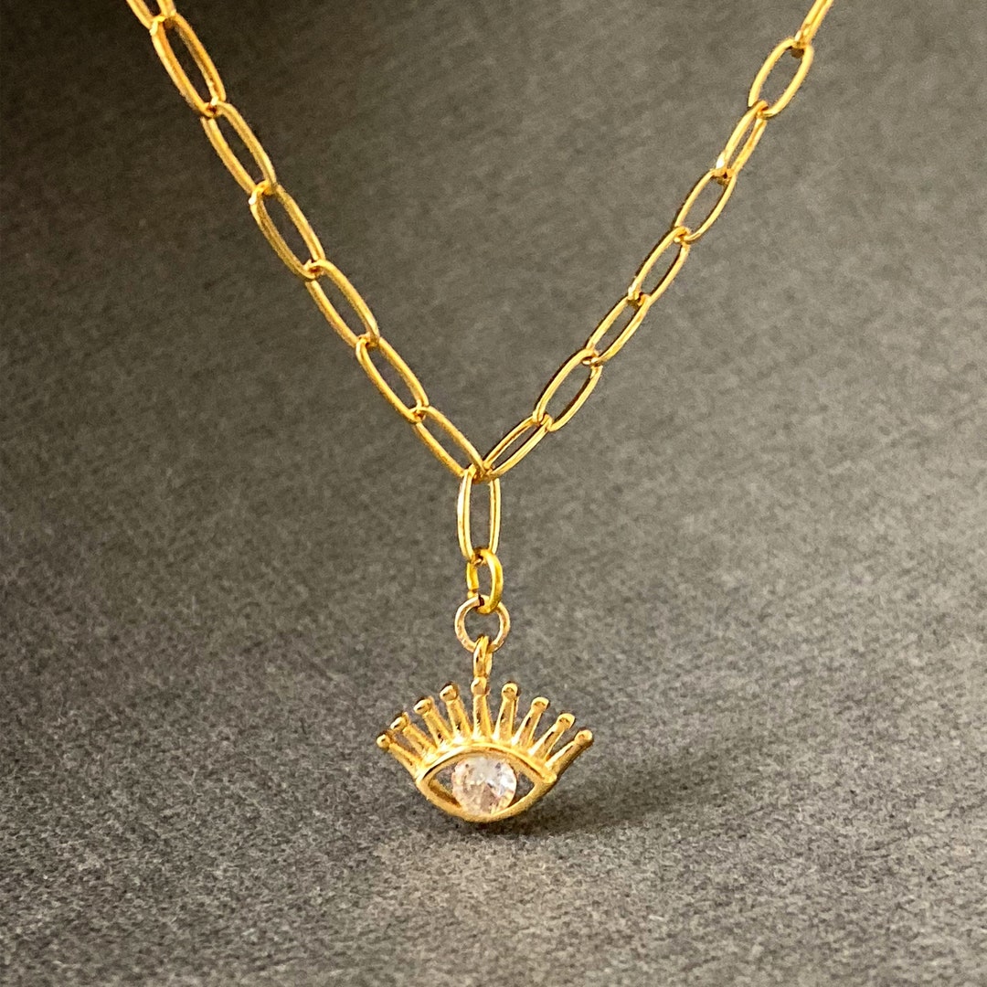 Evil Eye Lariat Necklace: Gold Paperclip Chain, Minimalist Charm - Etsy