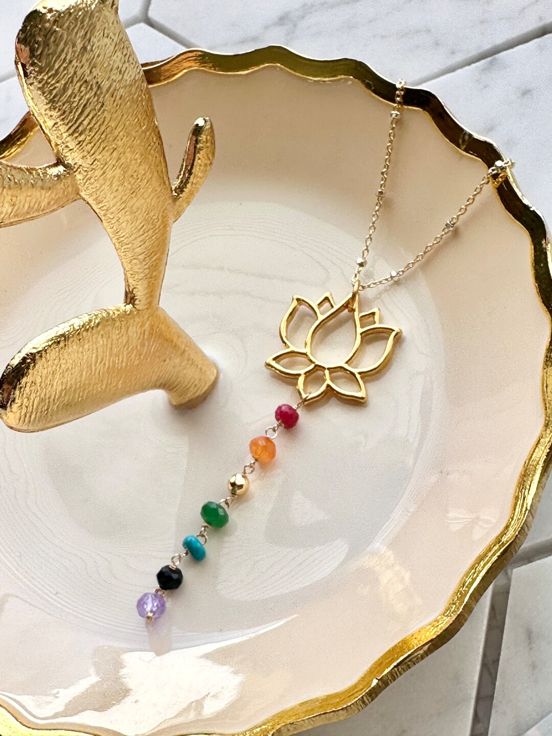 Chakra Stone Necklace: Gold Lotus Flower, Rainbow Gemstone - Etsy