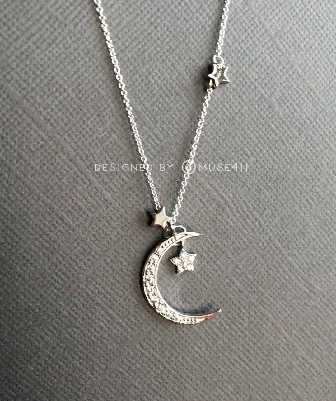Silver Crescent Moon and Star Necklace, 925 Star Necklace, Silver Star ...