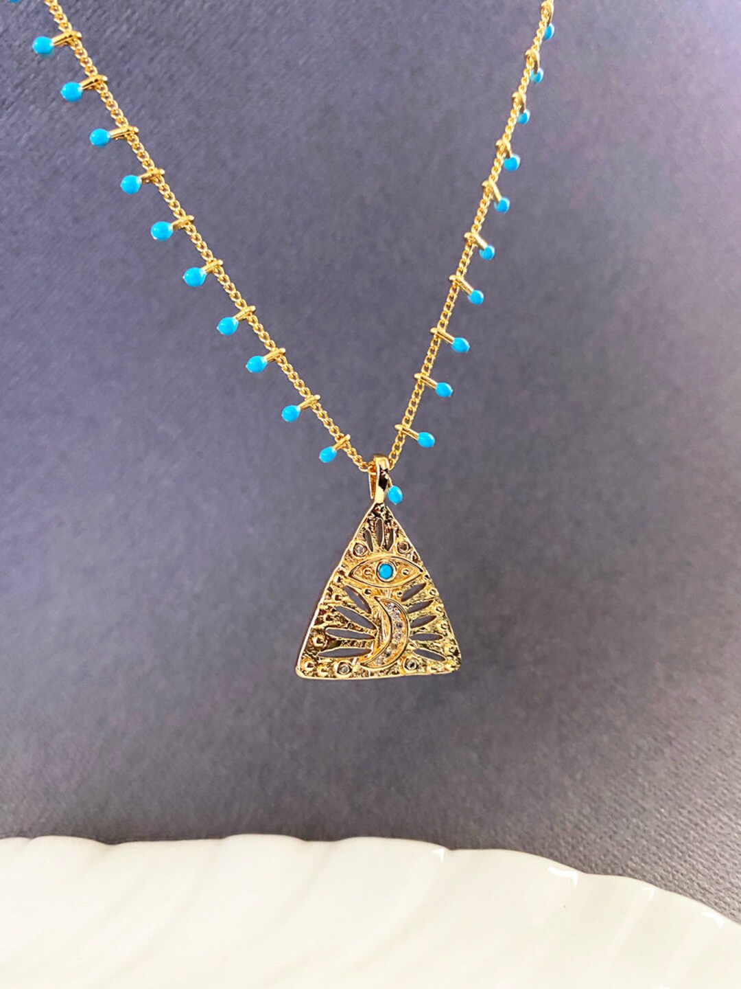Gold Triangle Pendant Necklace, Evil Eye Pendant, Turquoise Necklace ...
