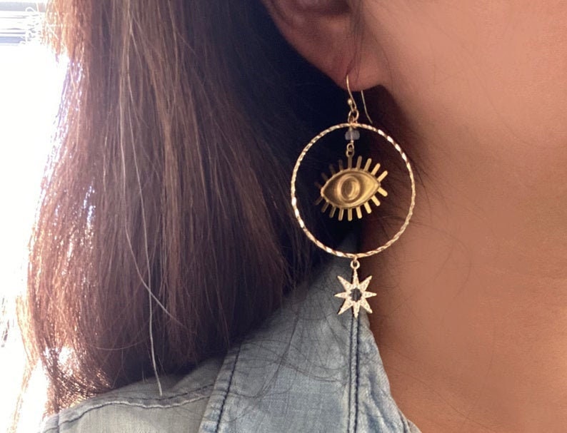 Large Evil Eye Earrings Gold Evil Eye Hoop earrings | Etsy