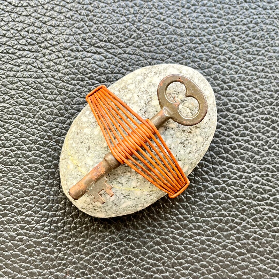 Medium Leather Wrapped Rock With Vintage Key, Wrapped Stone, Zen Stone ...