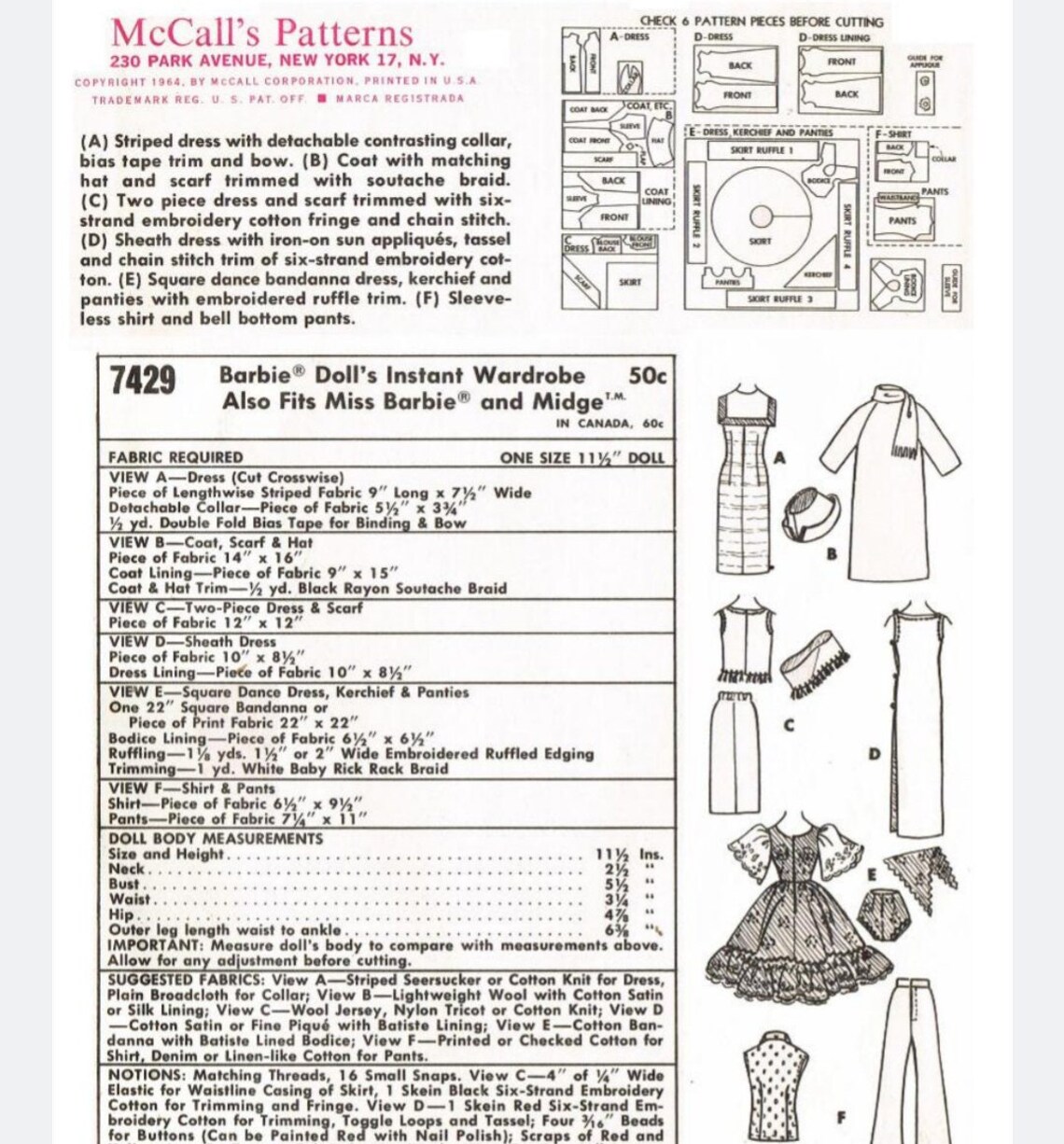 Mccalls 7429 Pattern for Barbie and Friends Fashion Wardrobe - Etsy