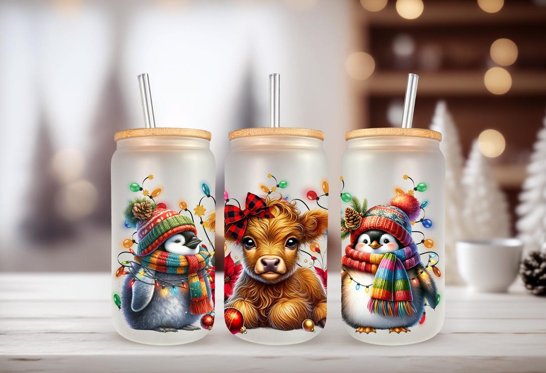 UVDTF Wrap Highland Cow Penguins 16oz Can Glass Mug Tumbler, Christmas ...