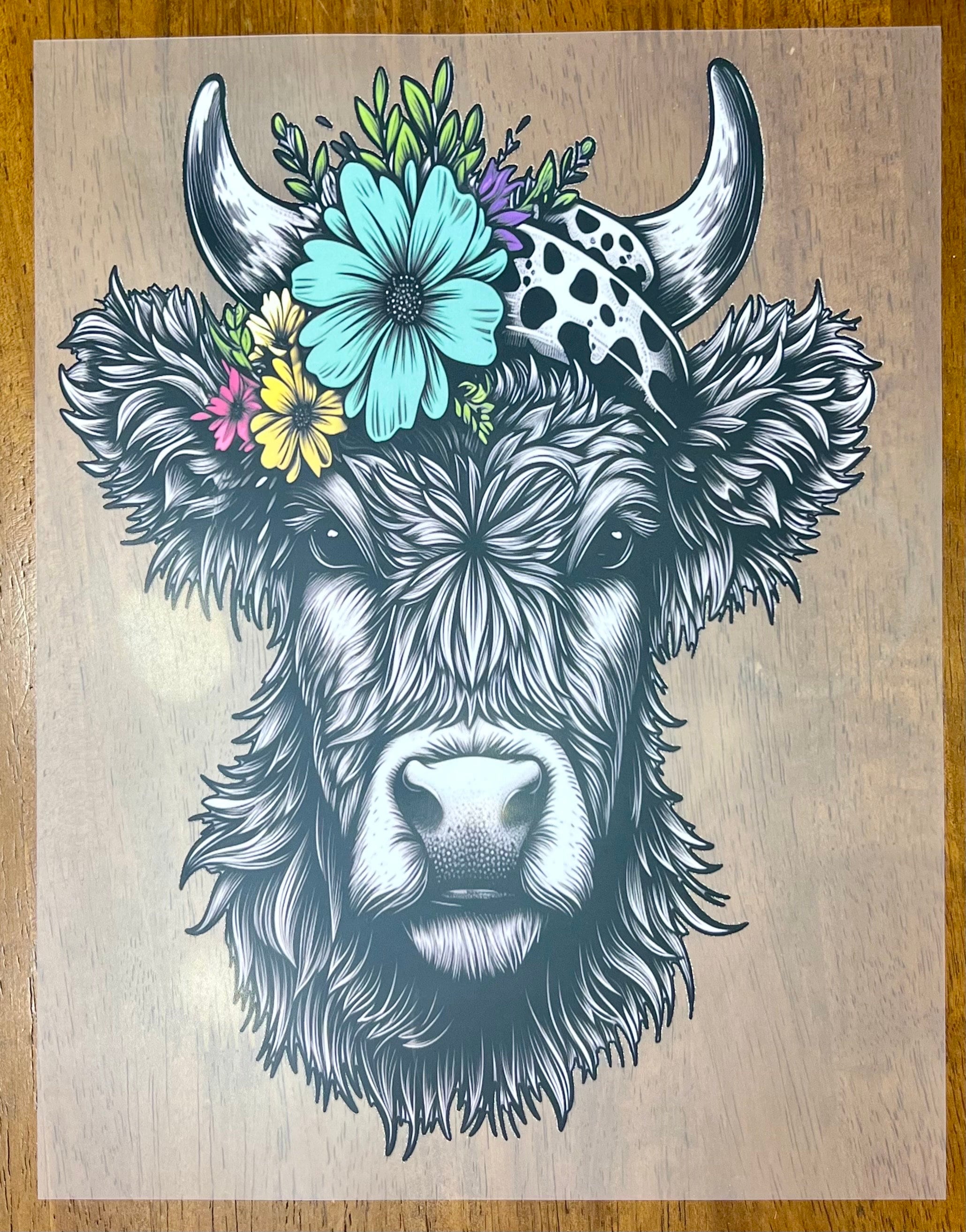 Screenprint Color Highland Cow Colorful Flowers, Full Color Transfer ...